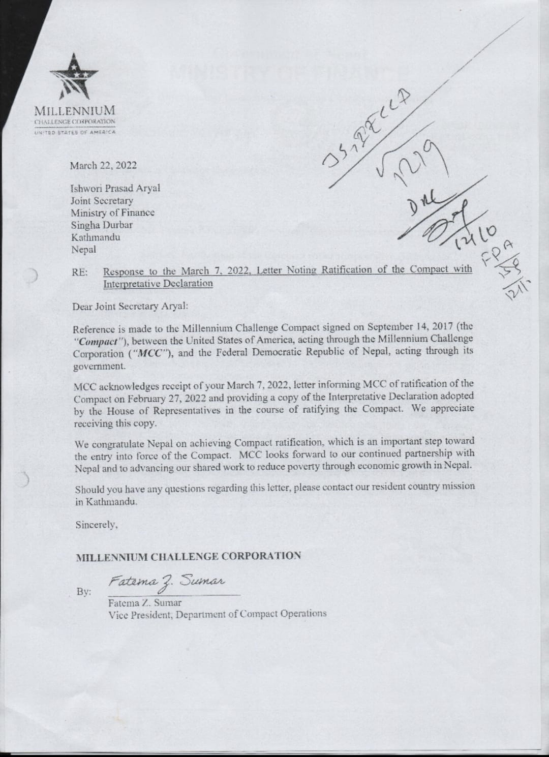 D3 Compact-Response letter from MCC after ratification by parliament ...